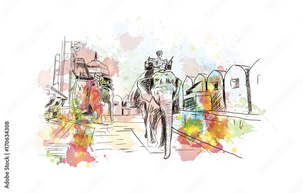 Watercolor sketch of Amer fort Jaipur India in vector illustration ...