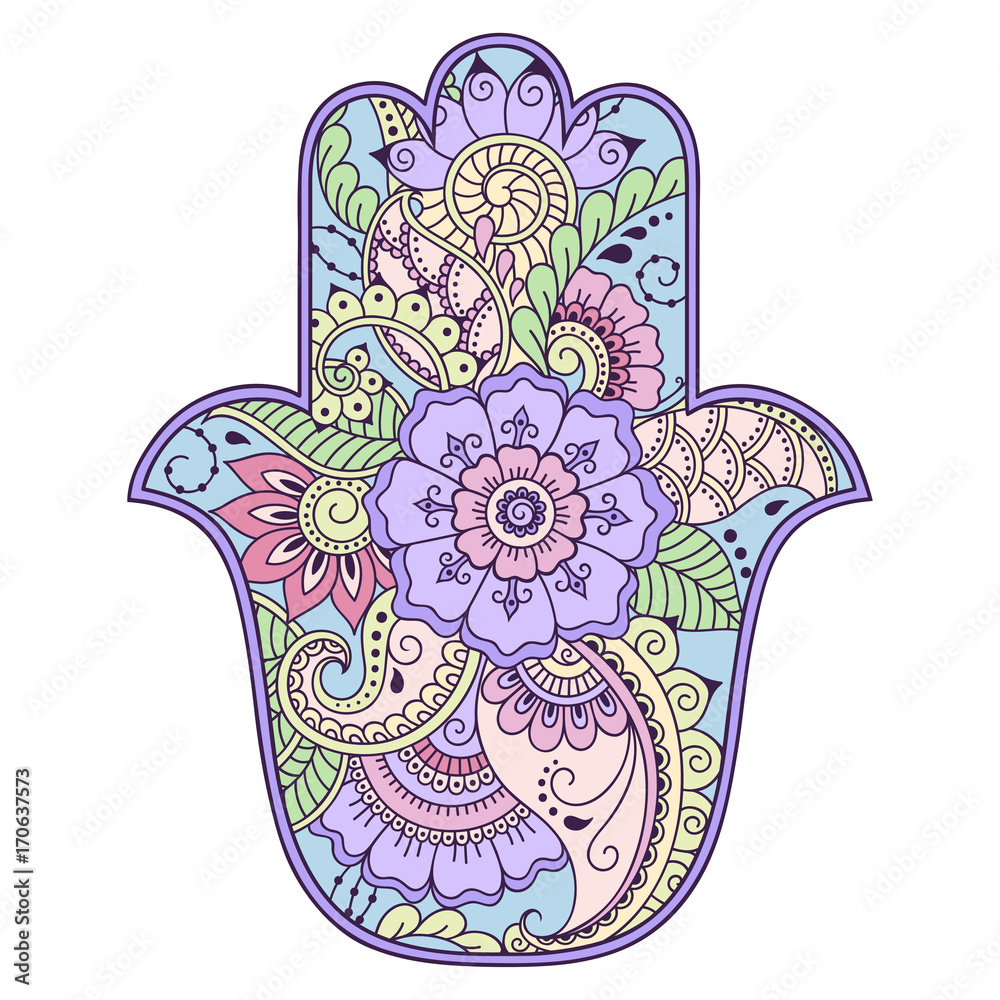 Color hamsa hand drawn symbol. Decorative pattern in oriental style for ...