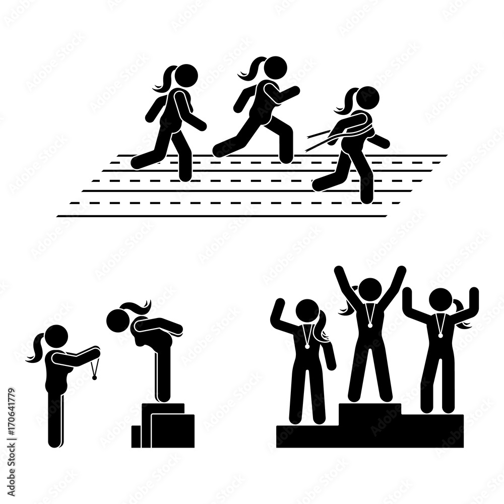 Stick figure gold, silver, bronze medal receiving award vector icon ...