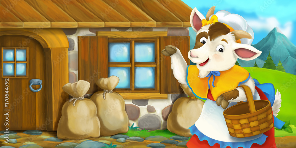 cartoon scene of mother goat in front of village house - illustration ...