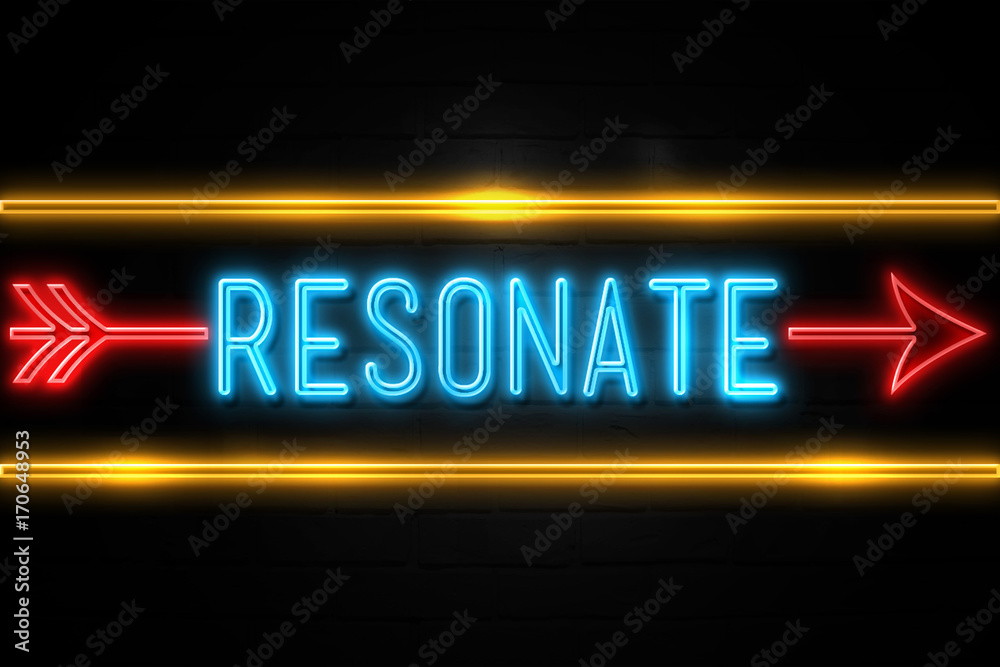 Resonate - fluorescent Neon Sign on brickwall Front view Stock ...