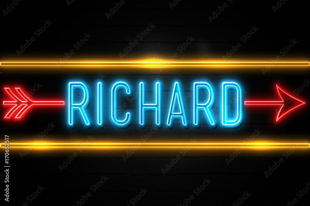Richard - fluorescent Neon Sign on brickwall Front view Stock ...