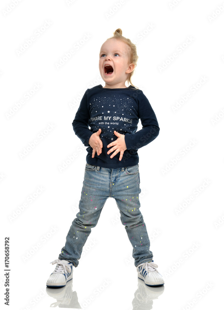 Full body of happy young little child girl shouting screaming yelling ...