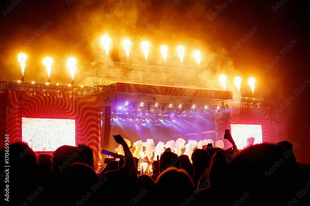 Big concert stage with fire production at outdoor music festival Stock ...
