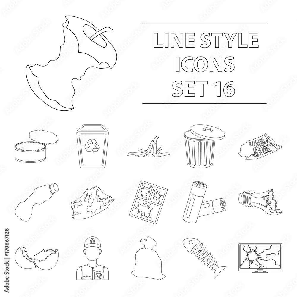 Trash and garbage set icons in outline style. Big collection of trash ...