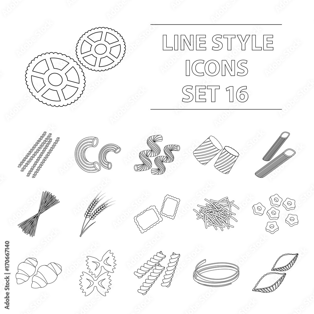 Types of pasta set icons in outline style. Big collection of types of ...