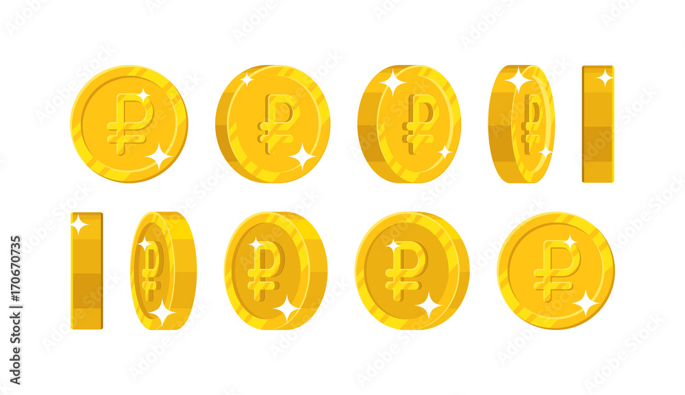 Gold ruble views cartoon style isolated. The gold ruble is at different ...