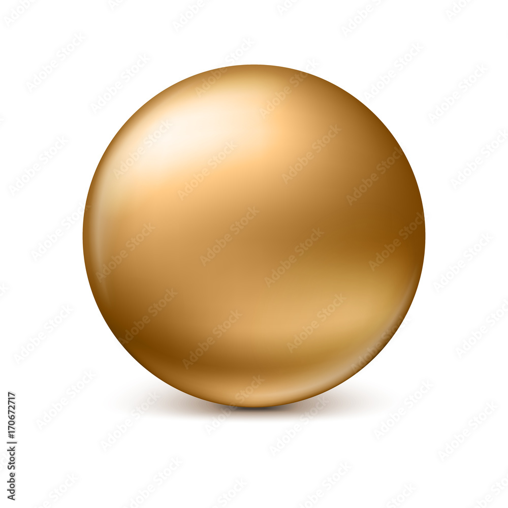 Golden glossy sphere isolated on white with shadow and reflections in ...
