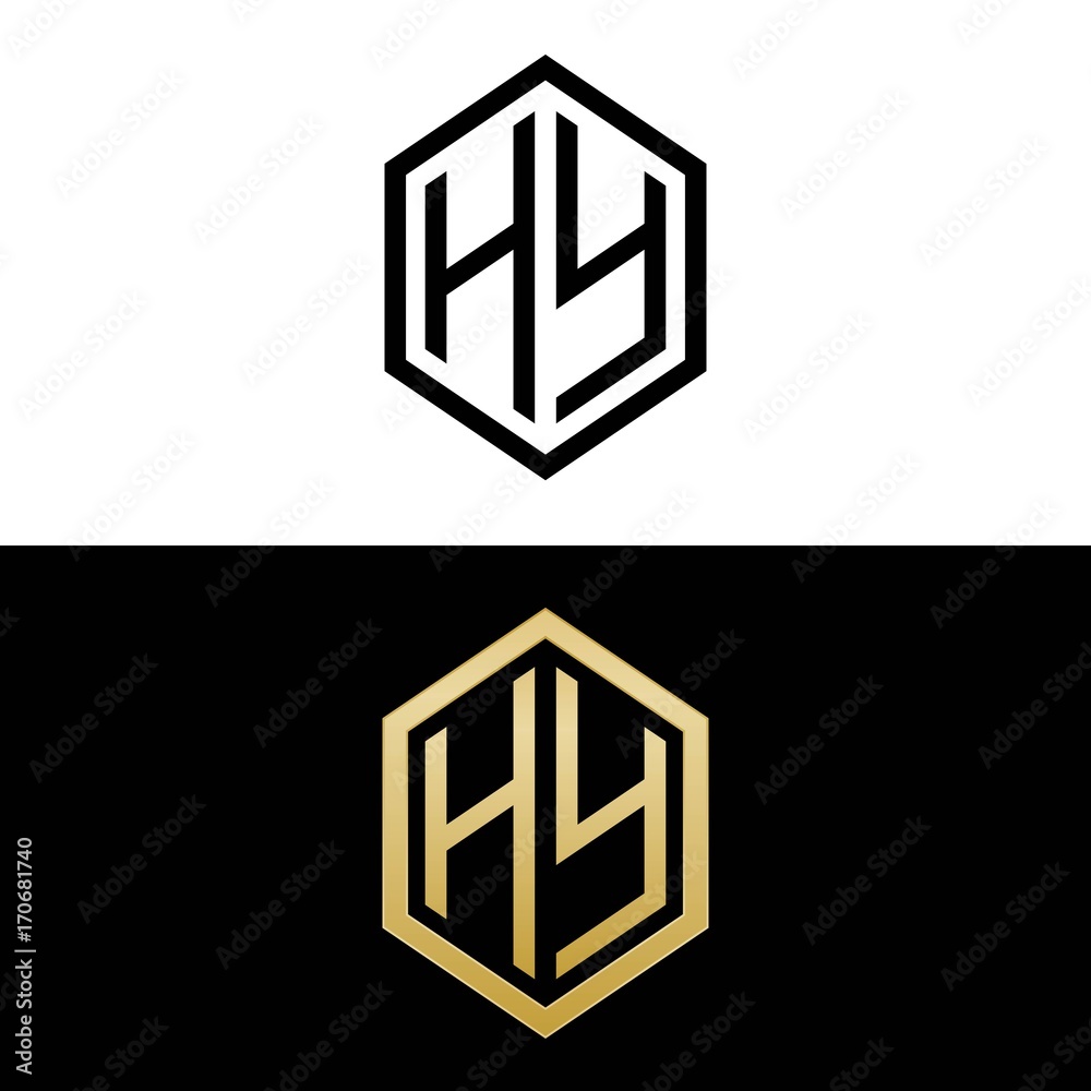 initial letters logo hy black and gold monogram hexagon shape vector ...