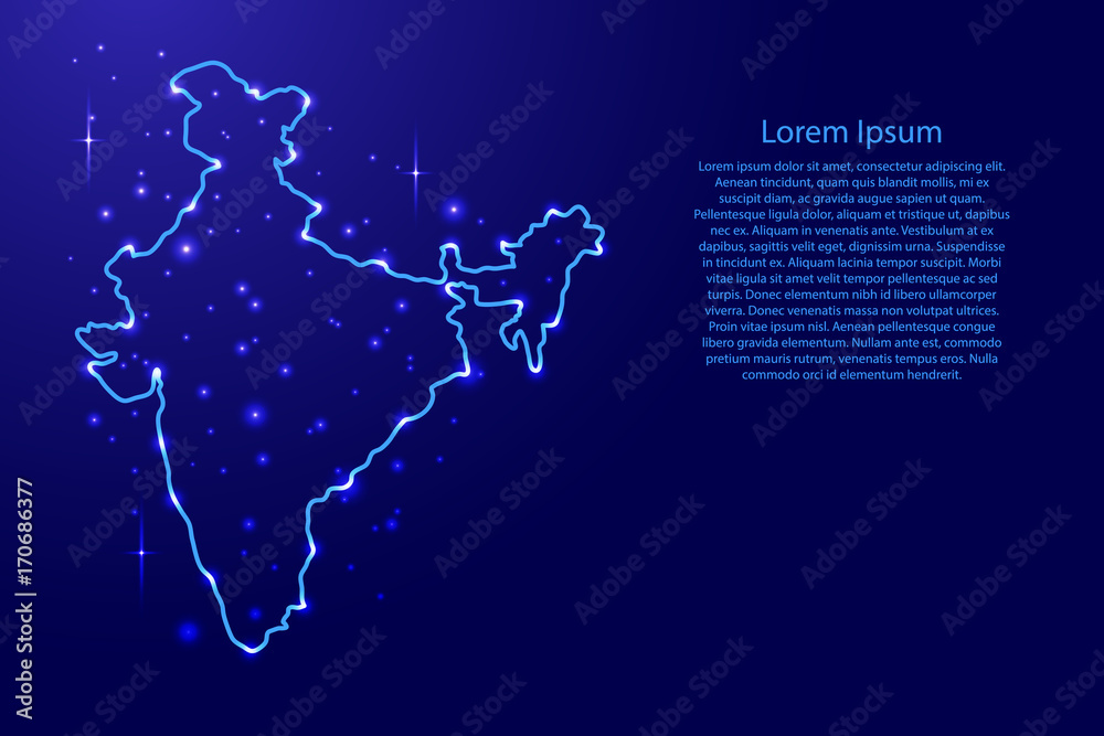 Map India from the contours network blue, luminous space stars of ...