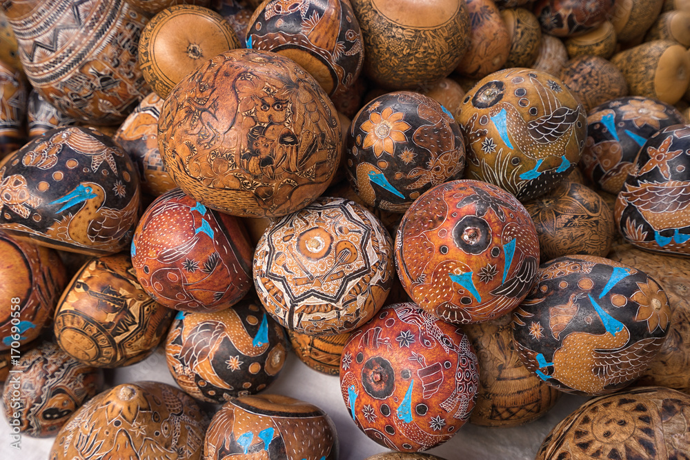indigenous quechua crafts made of coconut shell in Ecuador Stock Photo ...