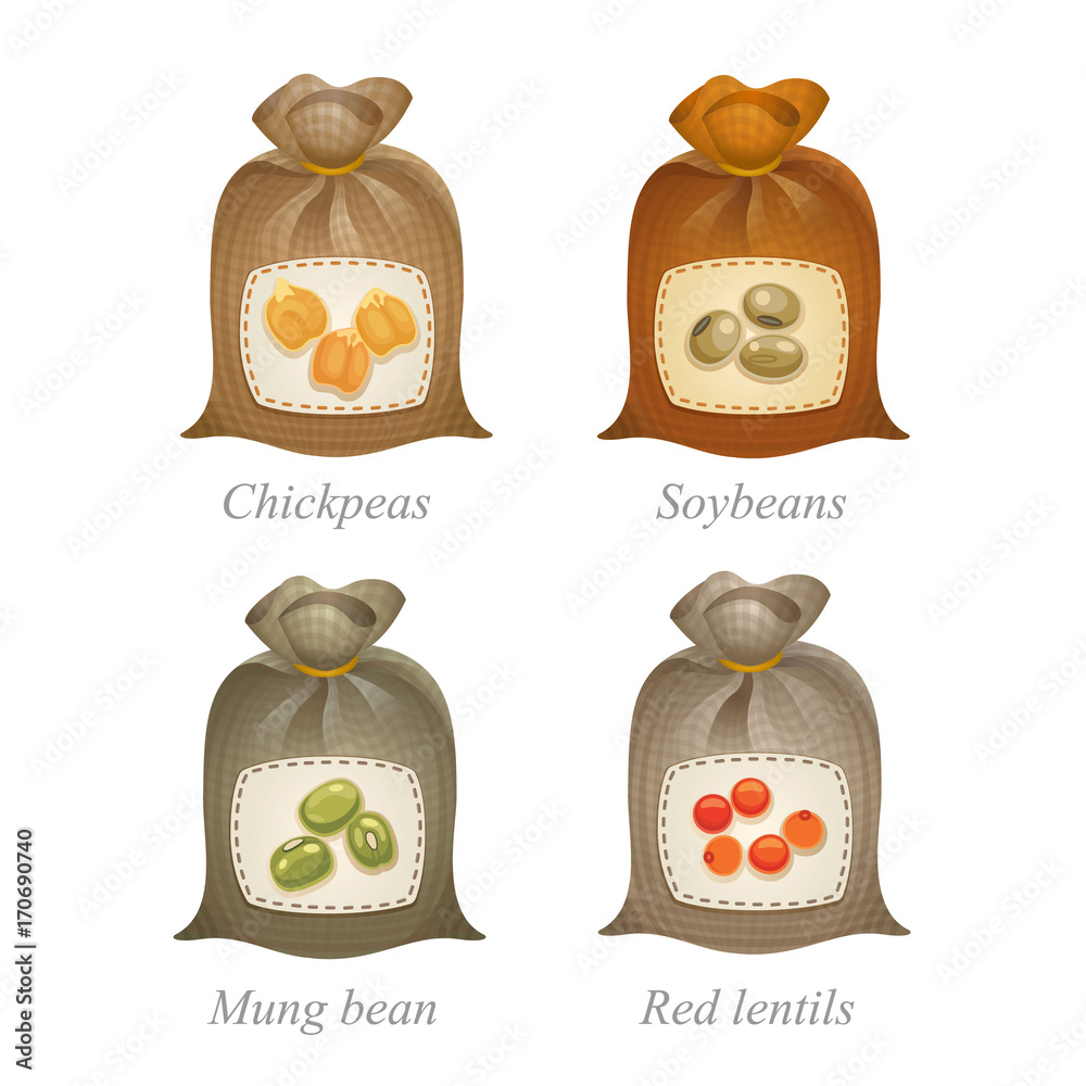 Four tied sacks with beans and peas labels on them / Tied sacks with ...