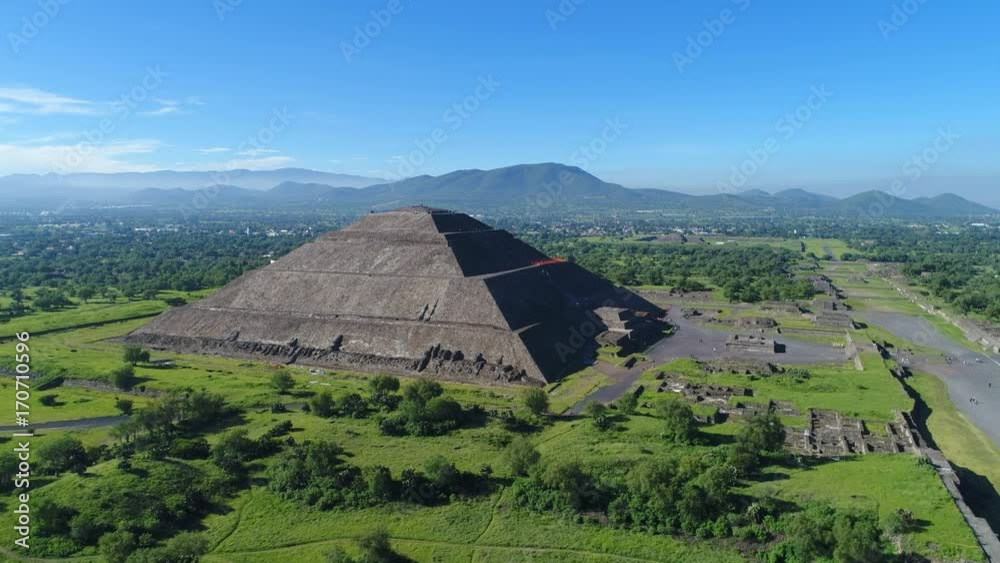 Aerial view of pyramids in ancient mesoamerican city of Teotihuacan ...