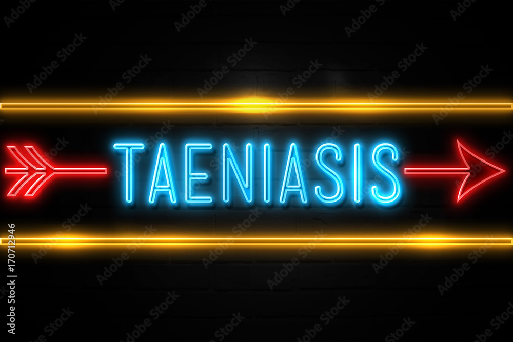 Taeniasis - fluorescent Neon Sign on brickwall Front view Stock ...