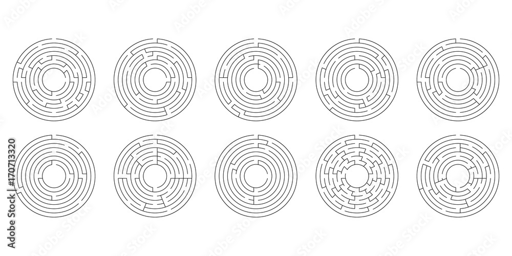 vector illustration of a set of ten circular mazes for kids on a Stock ...