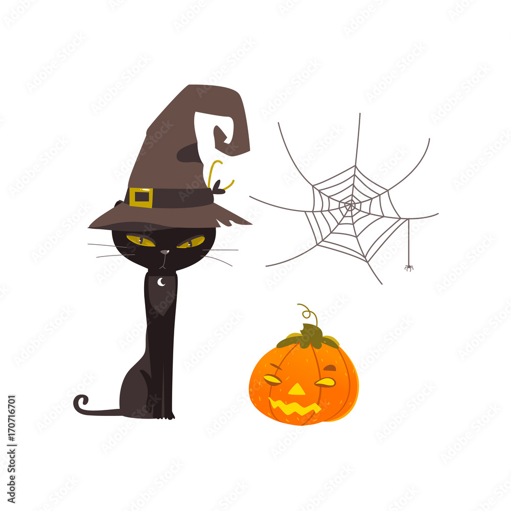Halloween objects - spooky black cat in witch pointy hat, spider web ...