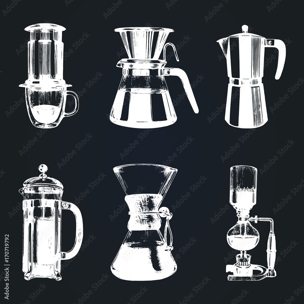 Vector alternative coffee brewing illustrations set. Hand sketched ...