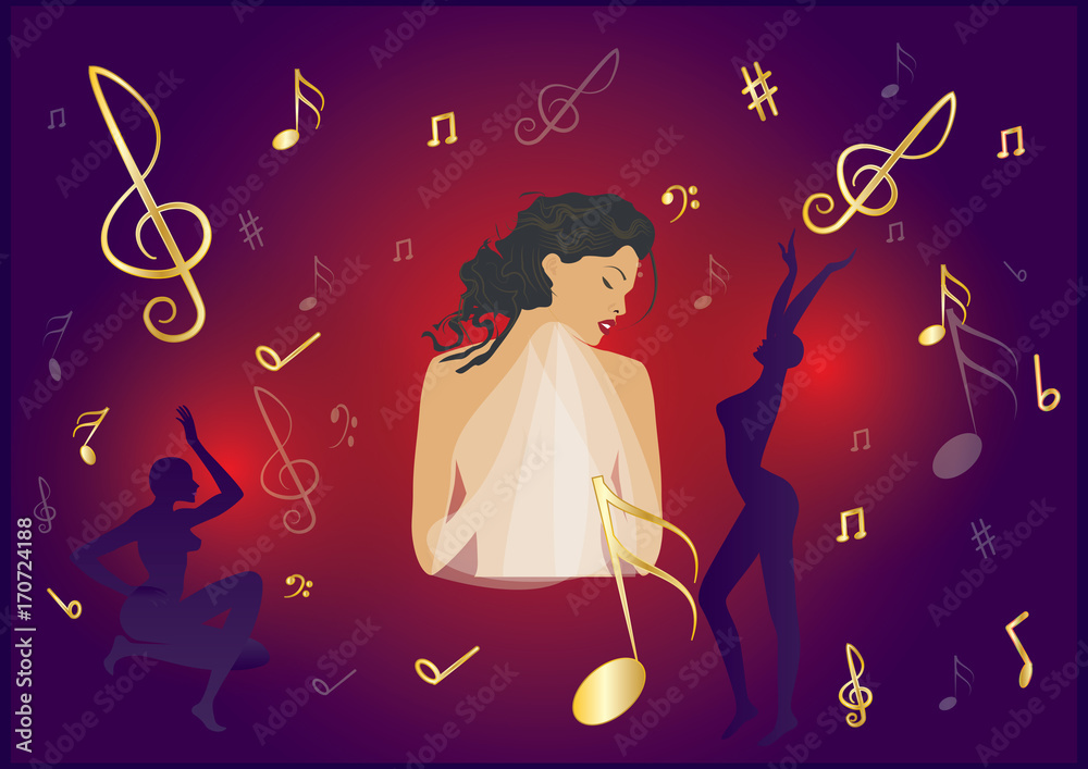 Music Banner. Sensual, emotional woman singing on a bright illuminated ...