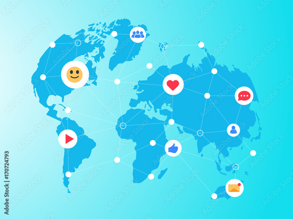 Social Media Icons Over World Map Background Network Communication Connection Stock Vector ...