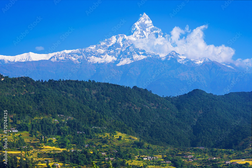 Nepal mountain landscape. Mount Machapuchare above Pokhara valley and ...