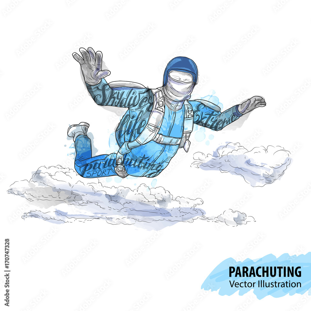 Hand sketch of skydiving athlete in the clouds. Vector sport ...