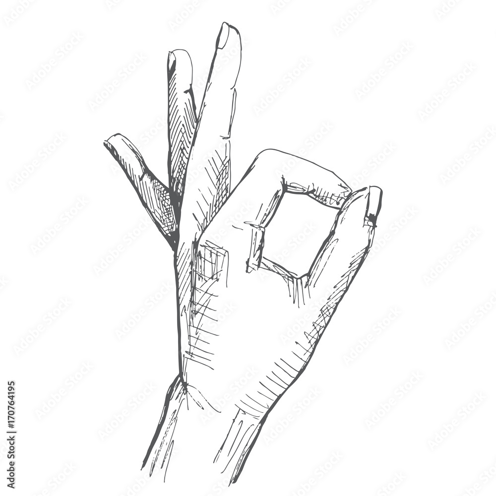 Hand gesture okay. Illustration in sketch style. Hand drawn vector ...