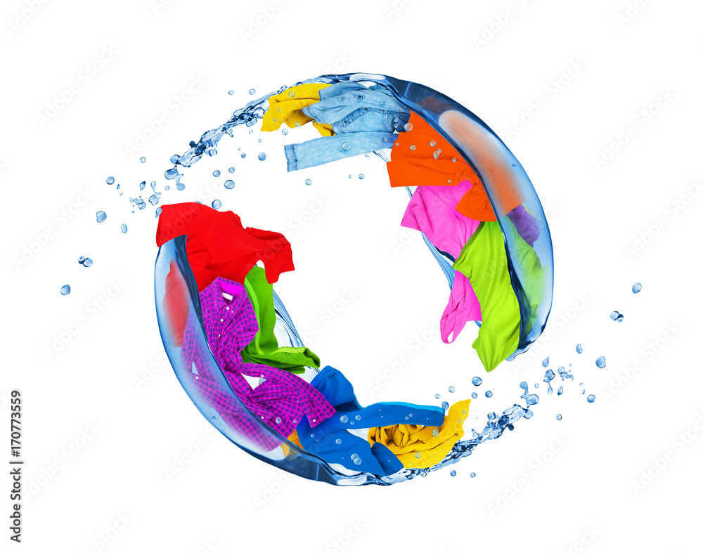 Clothing rotates in splashes of water isolated on white background ...