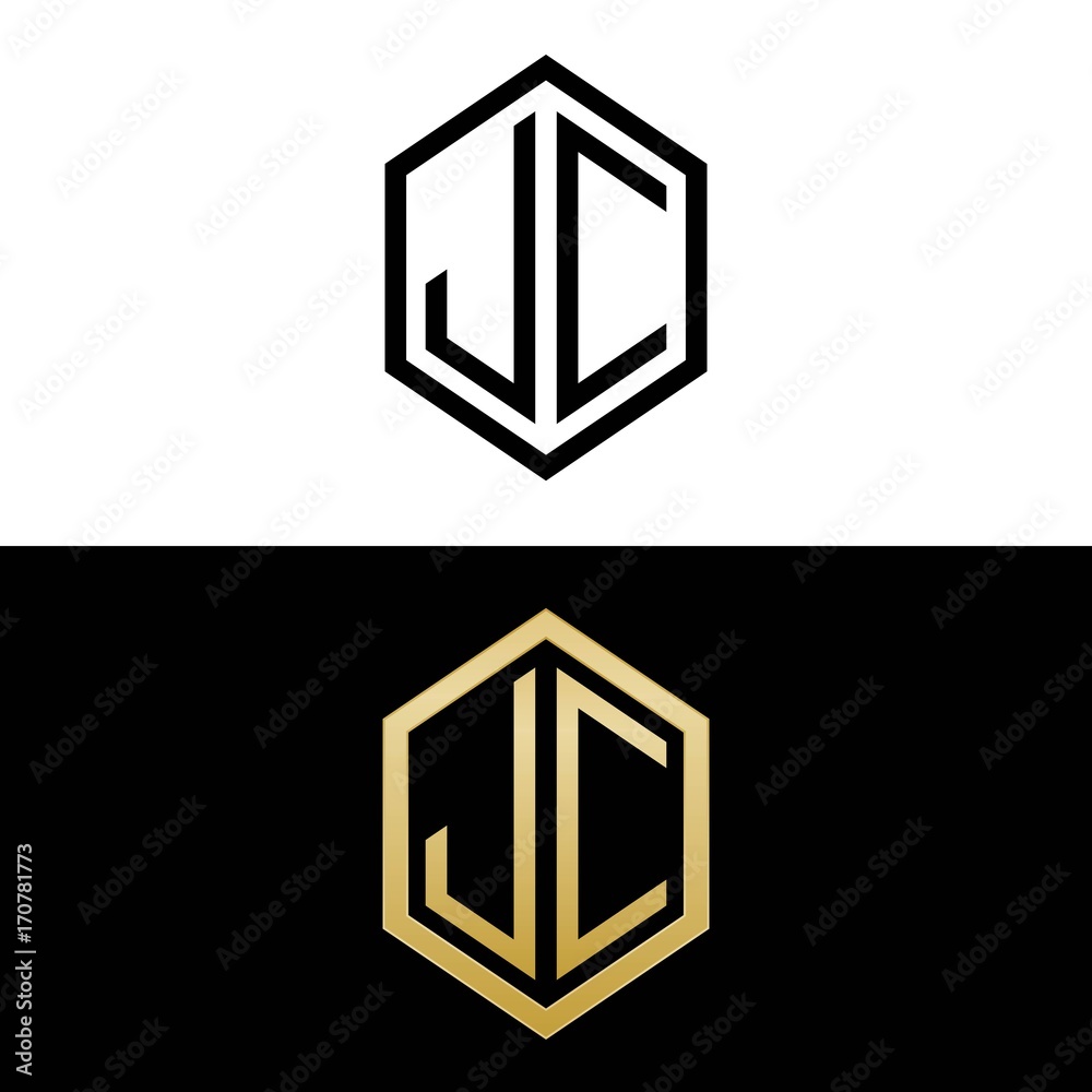 Vetor de initial letters logo jc black and gold monogram hexagon shape ...