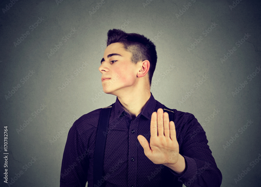 angry man giving talk to hand gesture with palm outward Stock Photo ...