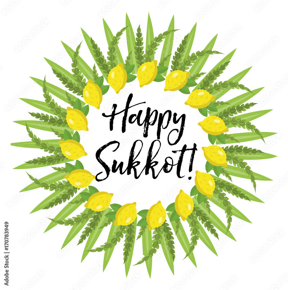 Happy Sukkot round frame of herbs. Jewish holiday huts template for ...