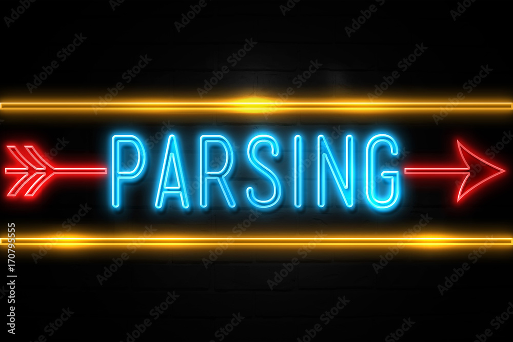 Parsing - fluorescent Neon Sign on brickwall Front view Stock ...
