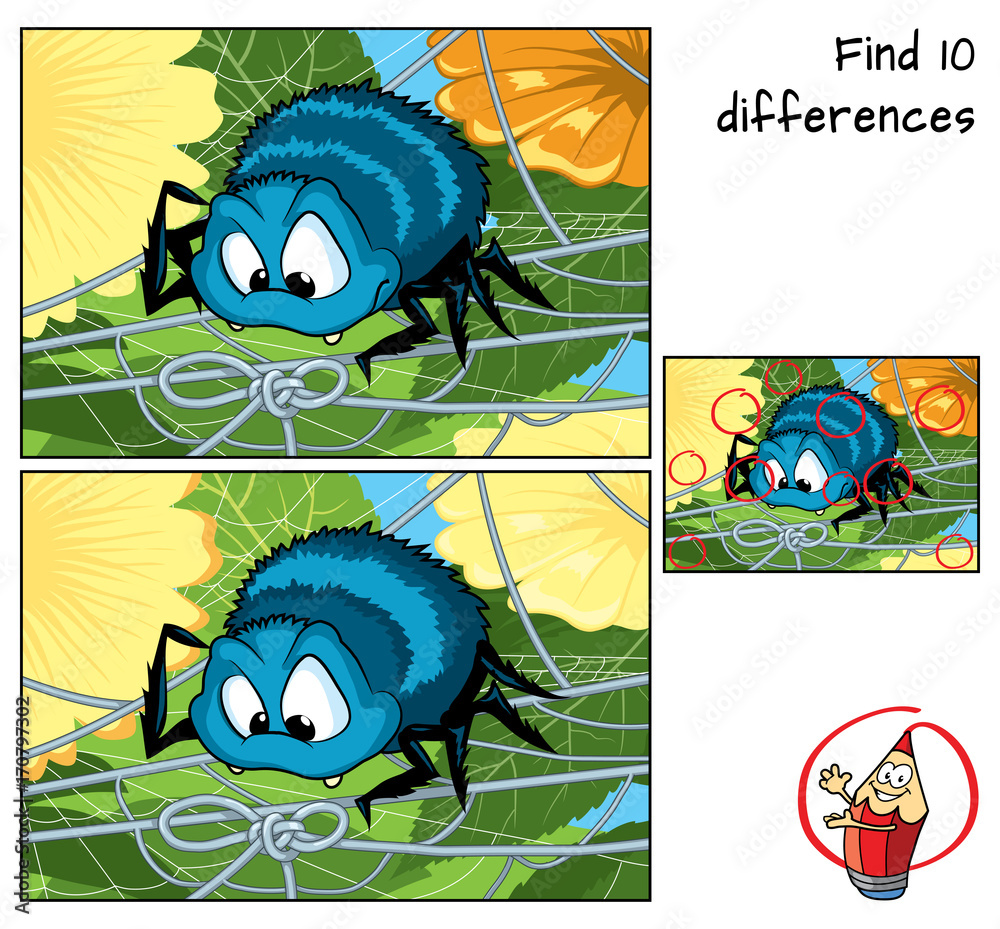 Vetor de Funny spider trying to unravel its web. Find 10 differences ...
