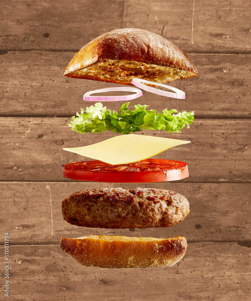 Exploded diagram of burger, buns and ingredients Stock Photo | Adobe Stock