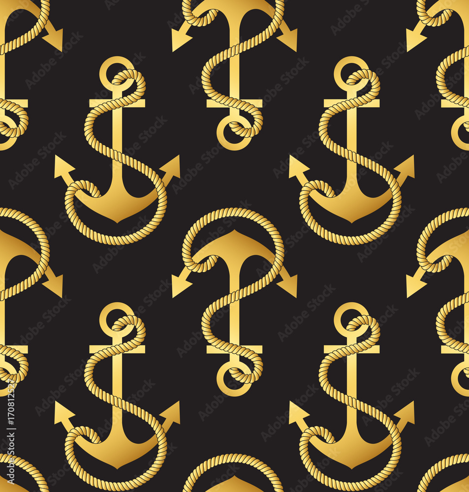 Gold anchor a black background. Seamless pattern. Vector illustration ...