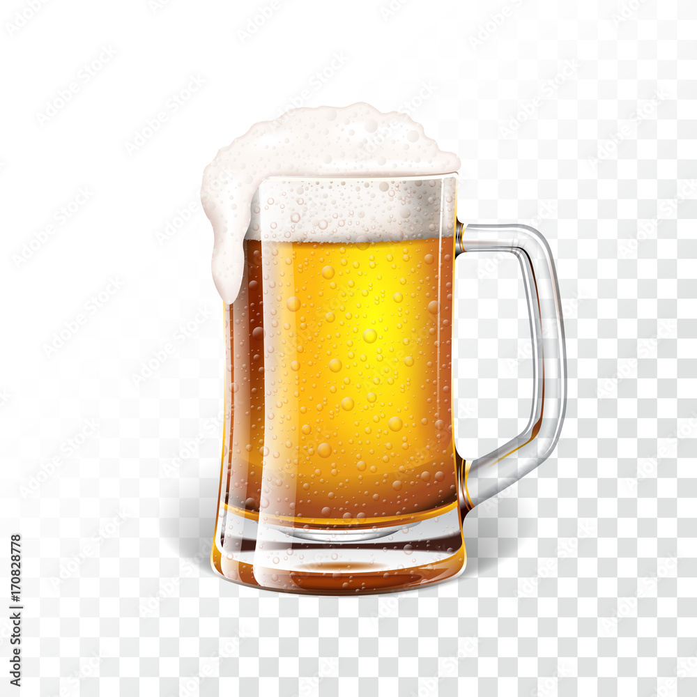 Vector illustration with fresh lager beer in a beer mug on transparent ...