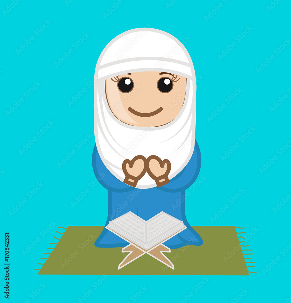 Woman Praying Quran Cartoon Vector Illustration Stock Vector | Adobe Stock