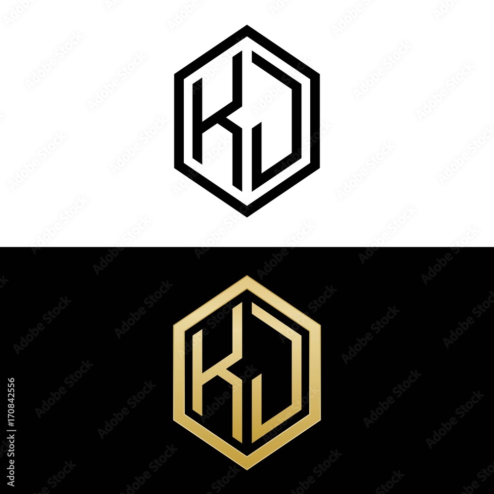 initial letters logo kj black and gold monogram hexagon shape vector ...