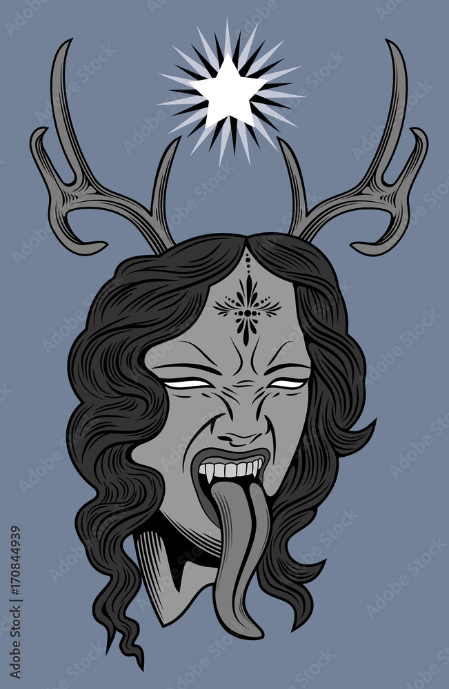 Face witch with vampire fangs, leaning long tongue, with deer horns on ...