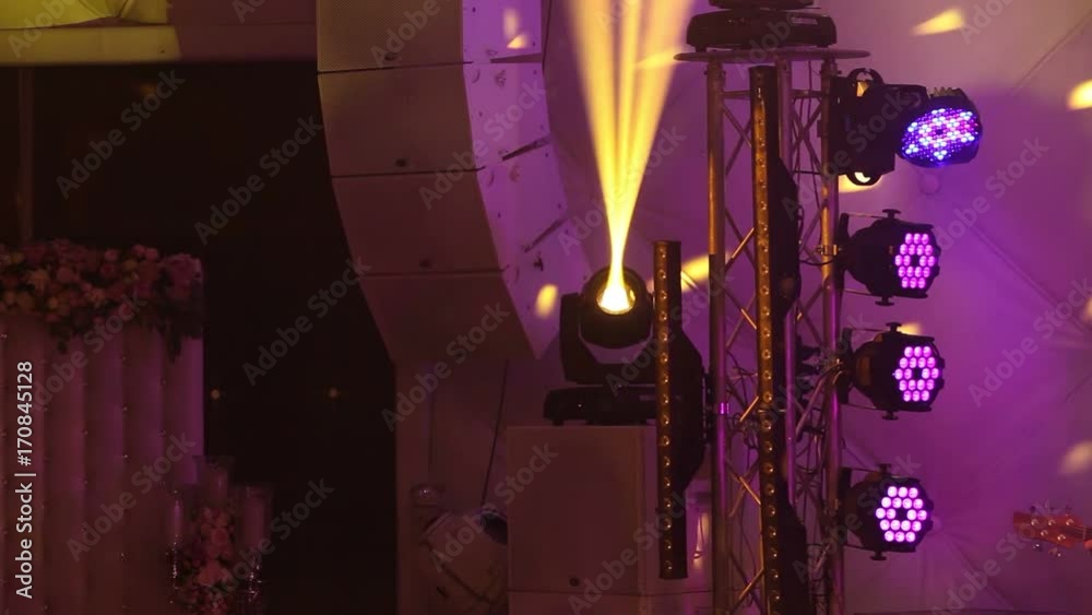 Stage lights at the concert with fog, Stage lights on a console ...