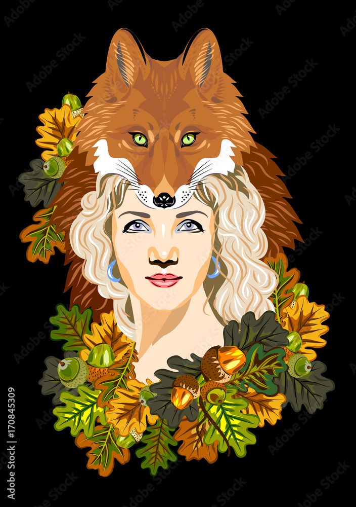 Portrait of a girl in a fox hat, against a background of oak leaves ...