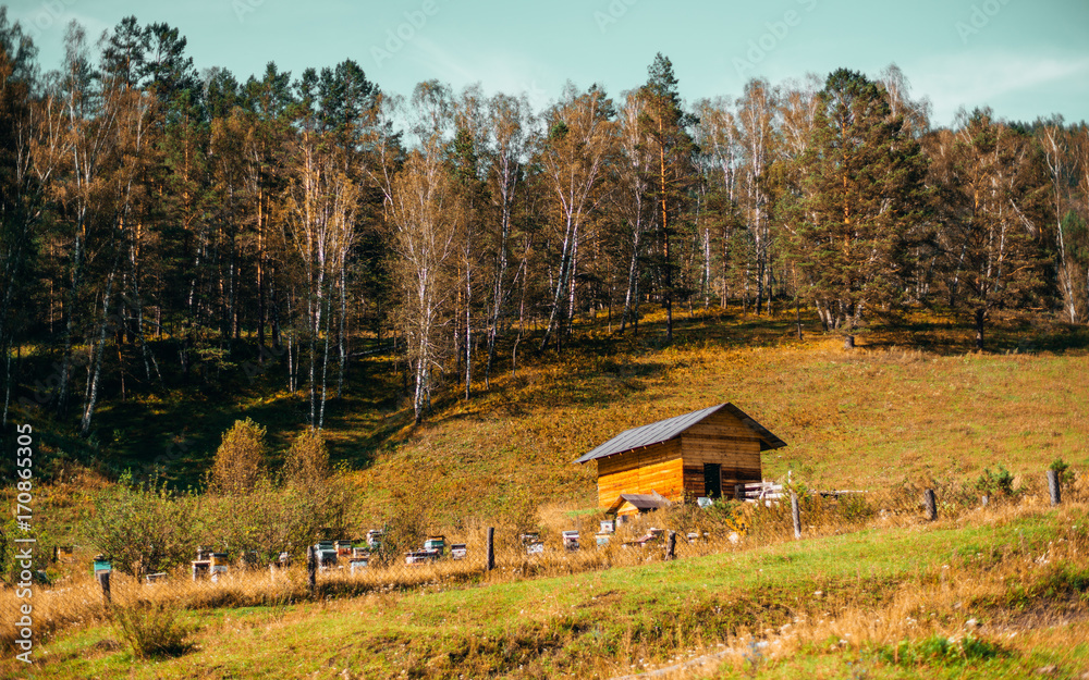 Beautiful autumn landscape: small wooden lodge with hill in background ...