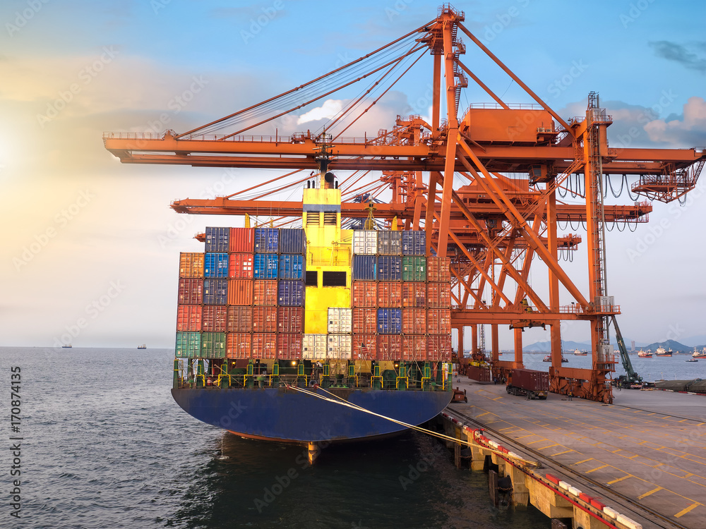 Container vessel loading full capacity at port of thailand Stock Photo ...