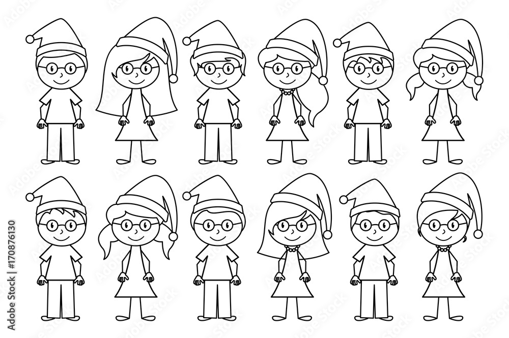 Vector Collection of Line Art Christmas or Holiday Themed Stick Figures ...