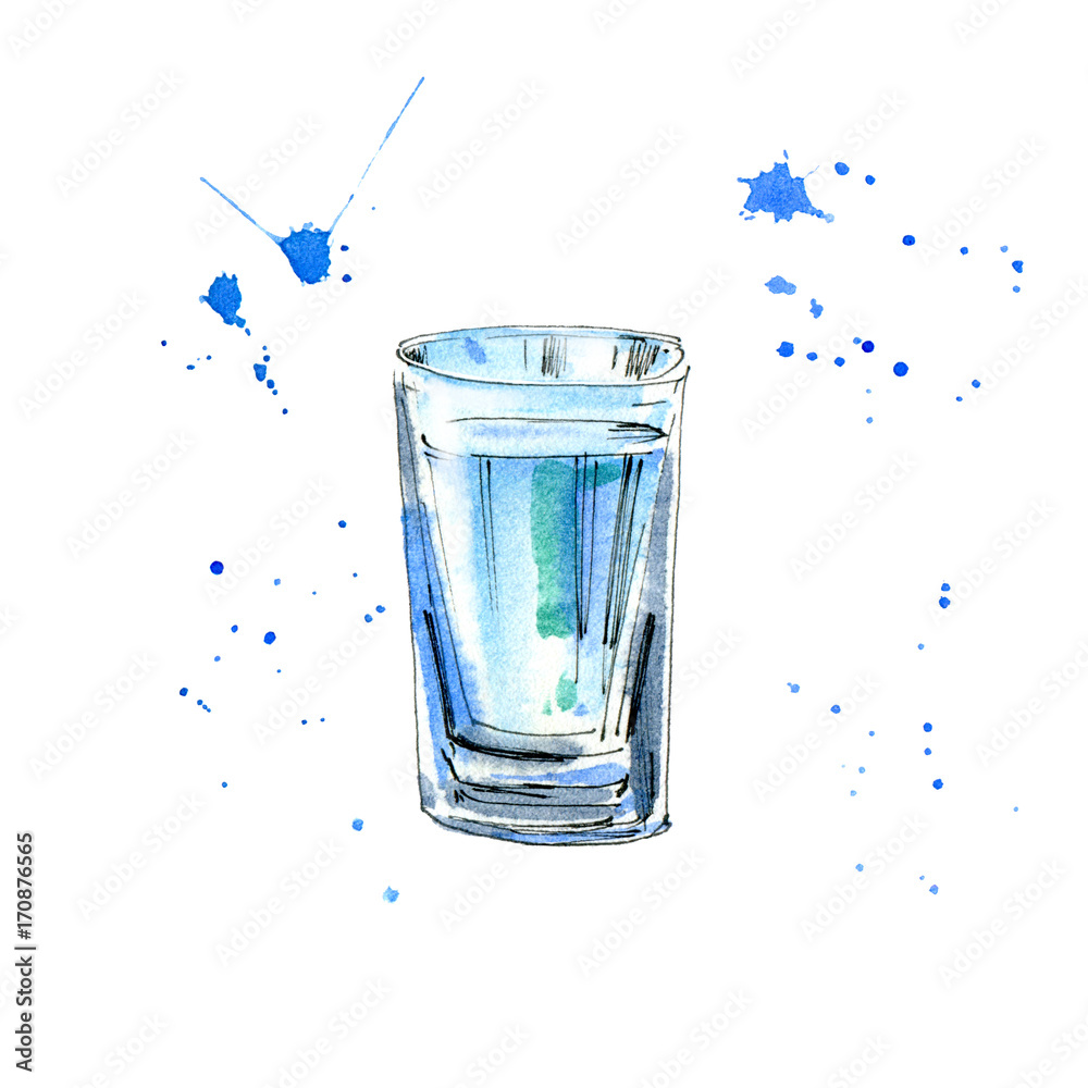 Vodka and splash.Picture of a alcoholic drink.Watercolor hand drawn ...