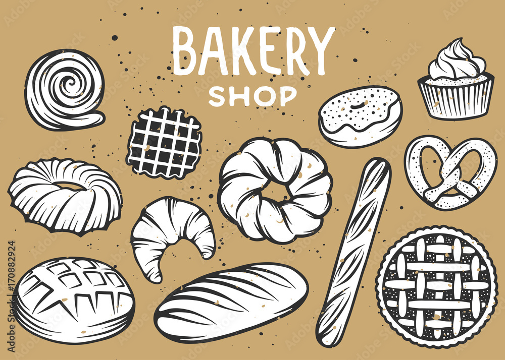 Set of vector bakery engraved elements. Typography design with bread ...