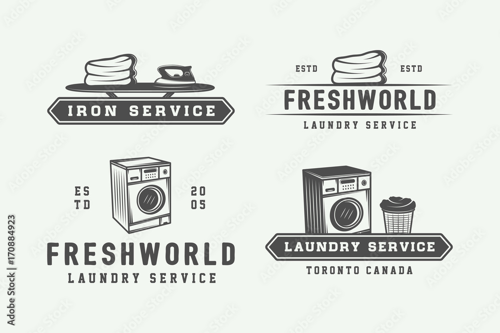 Set of vintage laundry, cleaning or iron service logos, emblems, badges ...