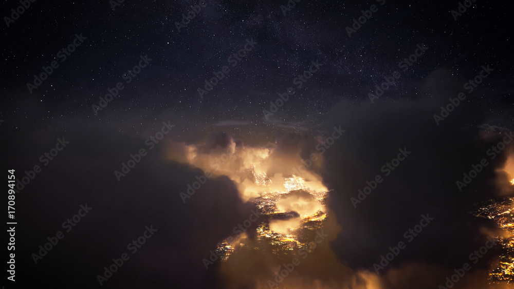 Flying over the deep night clouds with dark sky. Flight through moving ...