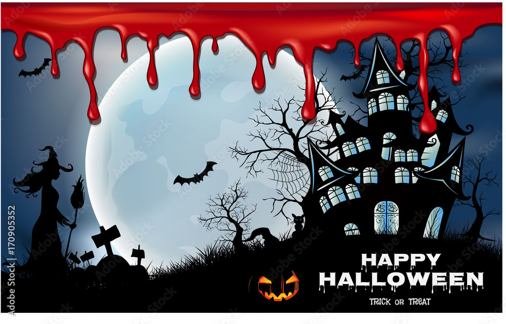 Happy Halloween background with pumpkin, haunted house and full moon ...