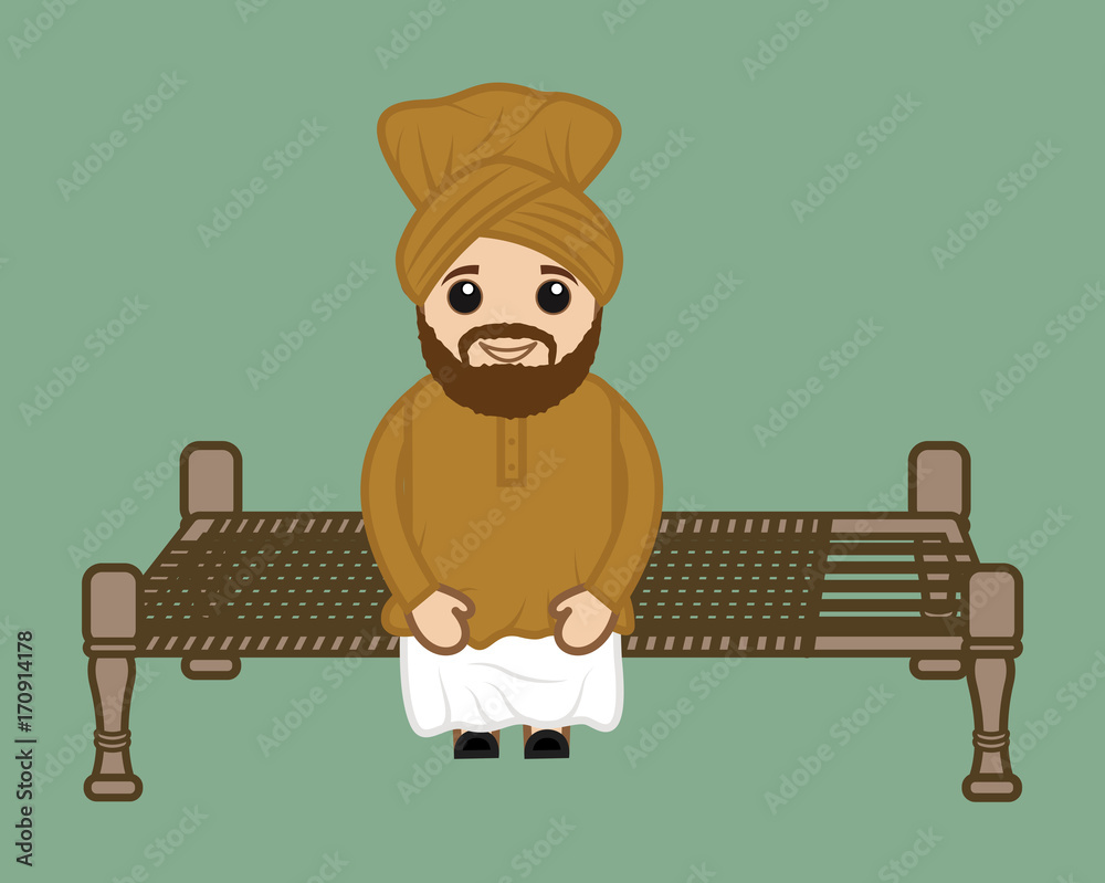 Cartoon Sardar Sitting on Wooden Bed Stock Vector | Adobe Stock