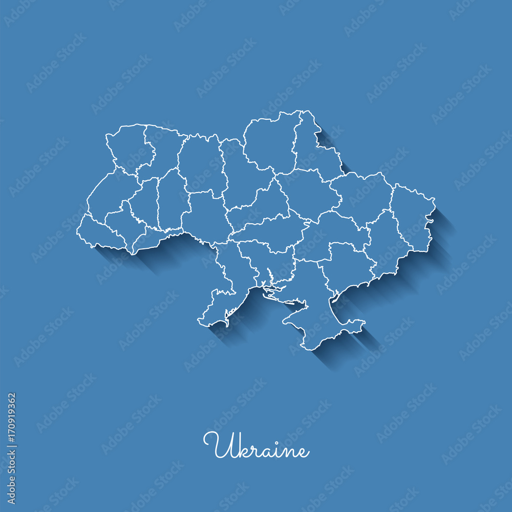 Ukraine region map: blue with white outline and shadow on blue ...